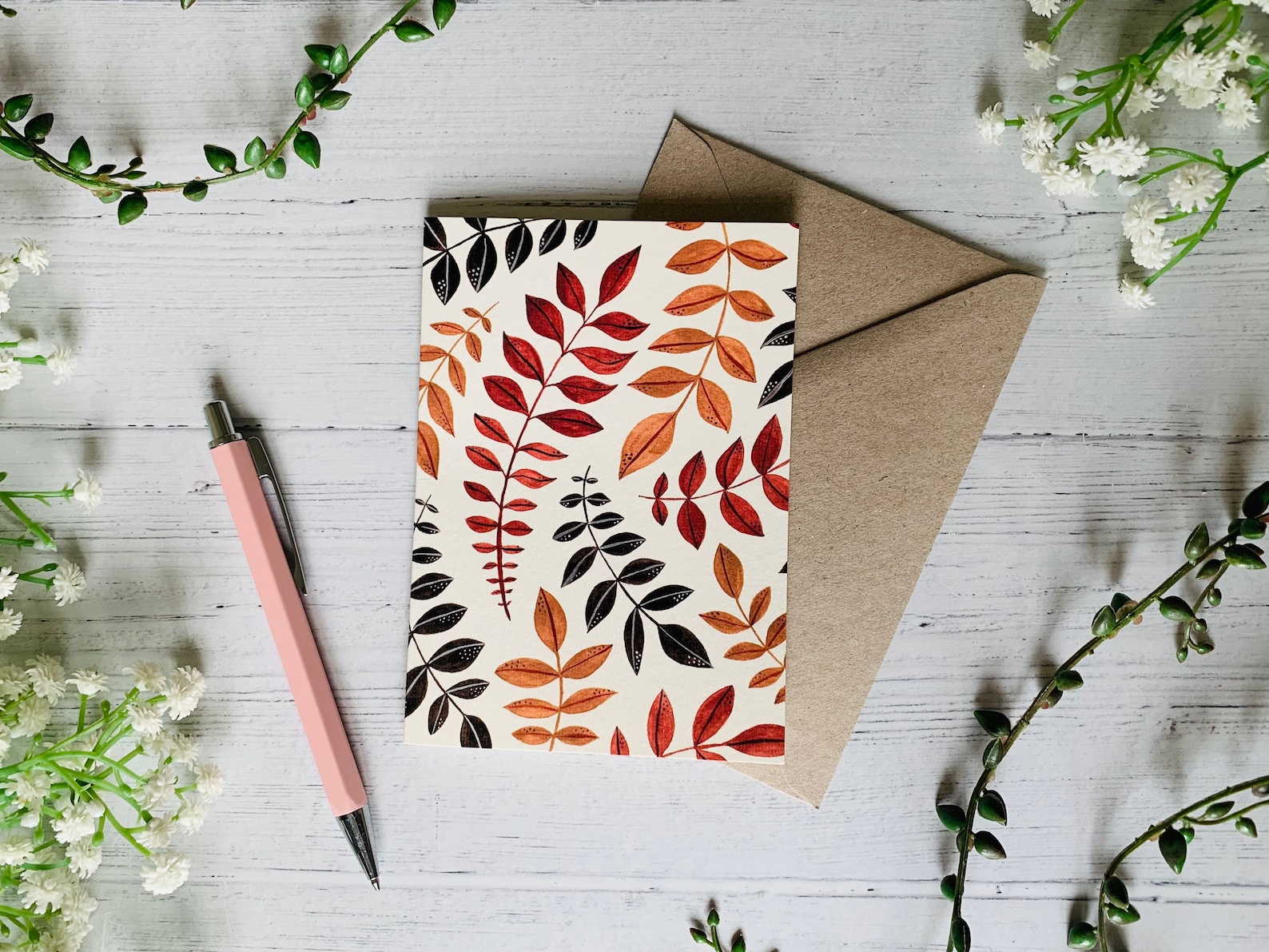 Autumn Leaves Pattern Greeting Card - Fall Botanical Illustrated Art ...