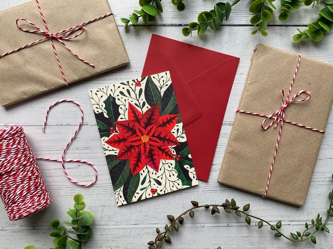 Poinsettia Holly Mistletoe Christmas Card Botanical Xmas - Etsy
