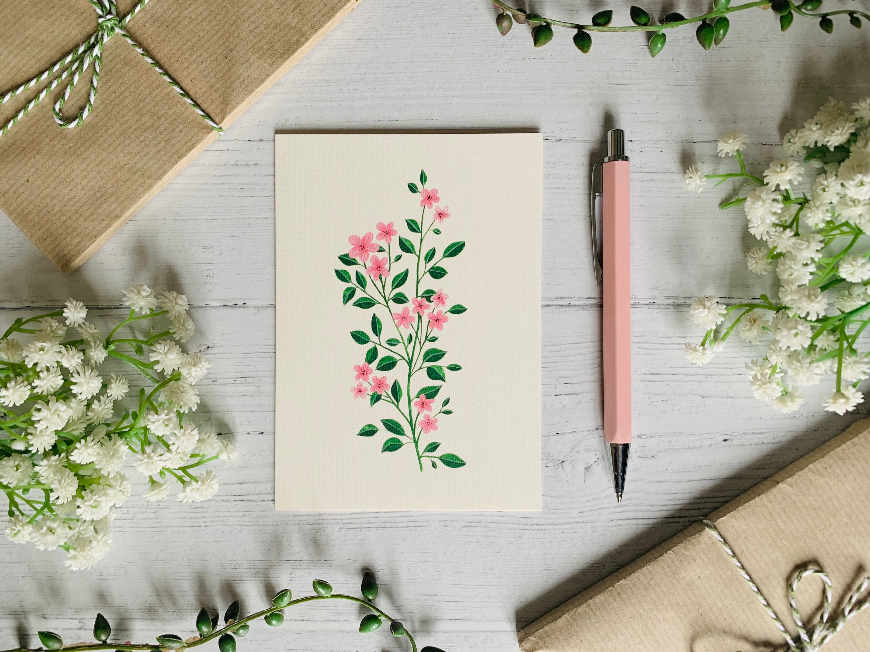 Pink Flower Postcard - Watercolour Wildflower Notecard - Nature ...