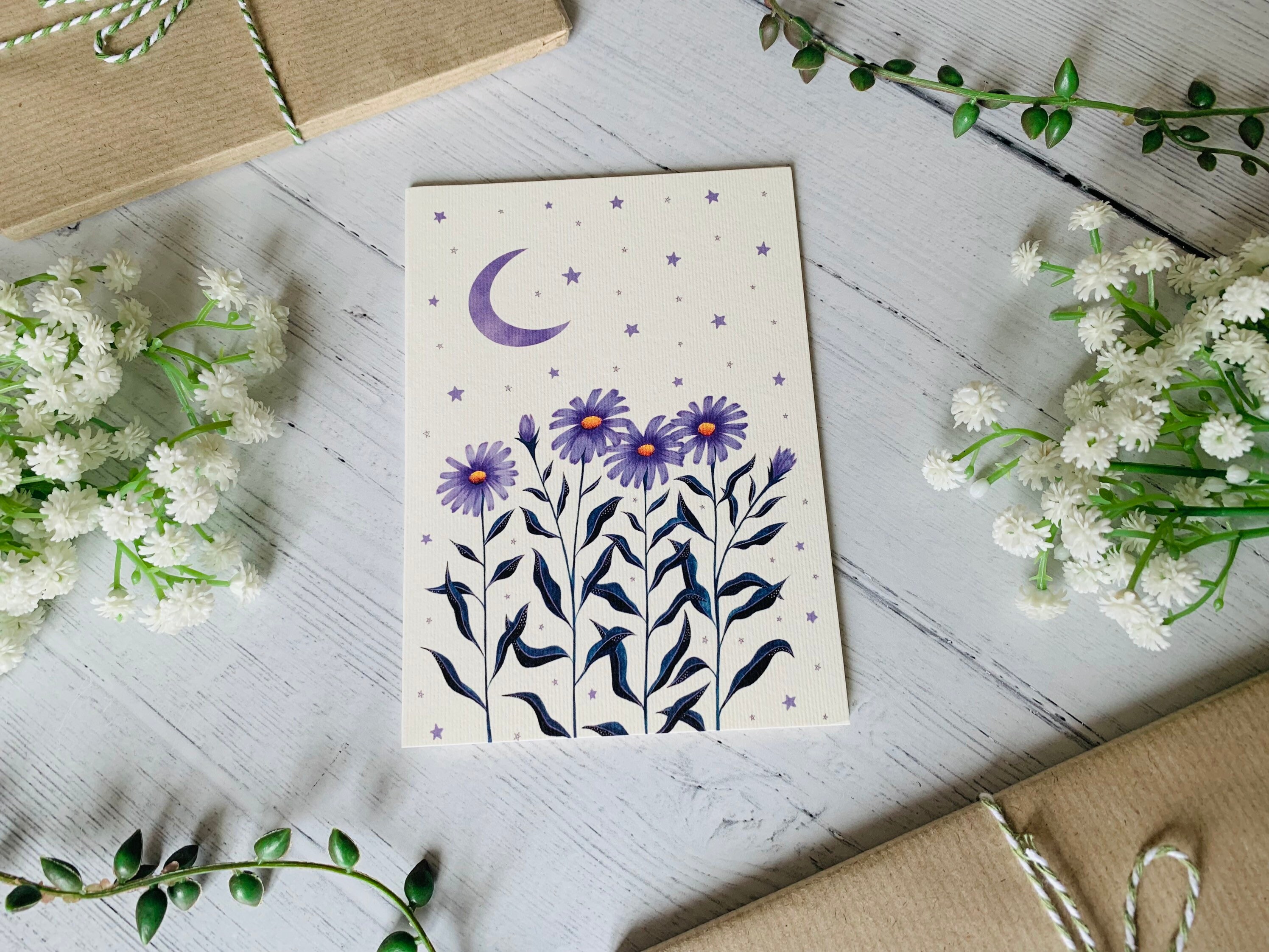 Aster Postcard Moon and Stars Nature Illustrated - Etsy