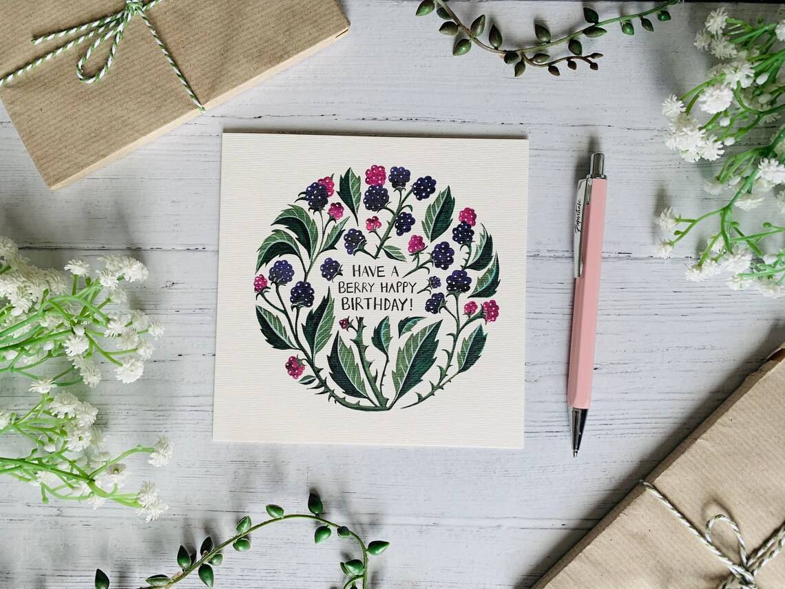 Birthday Greeting Card Berry Happy Birthday Illustrated | Etsy