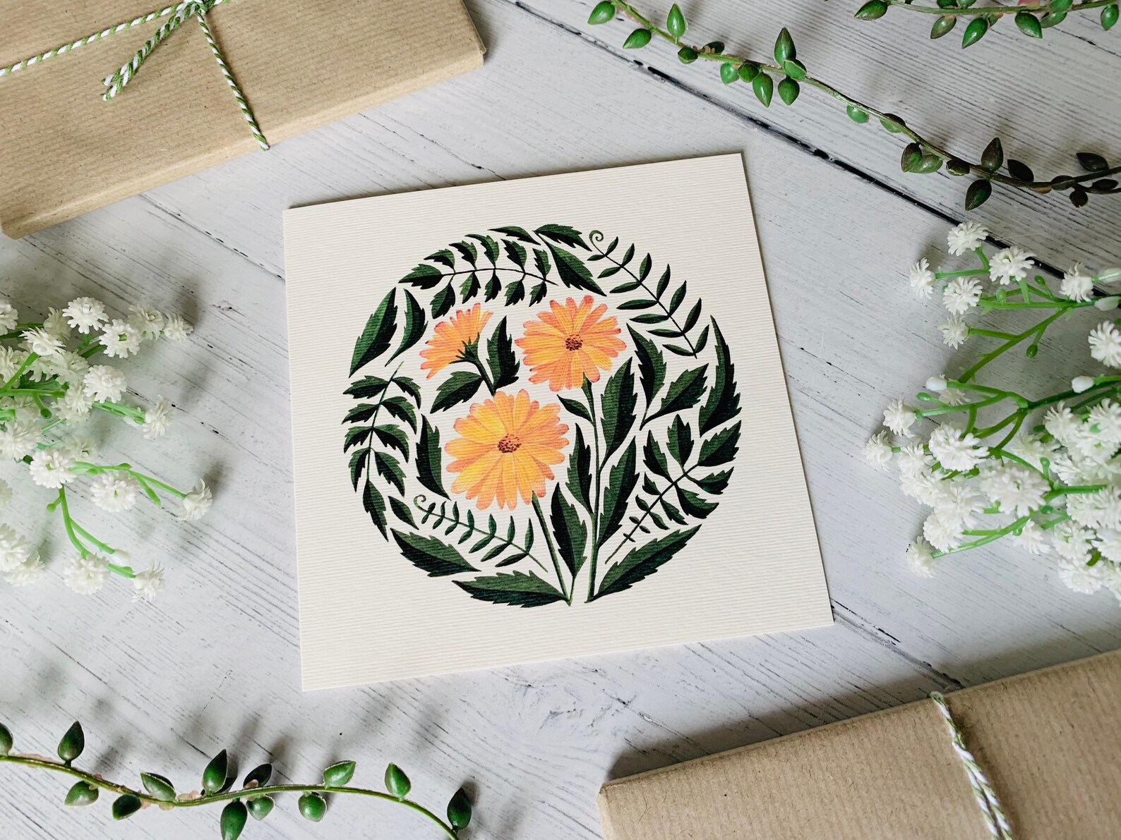 Marigold Flowers Greeting Card - Watercolour Illustrated Art Card ...