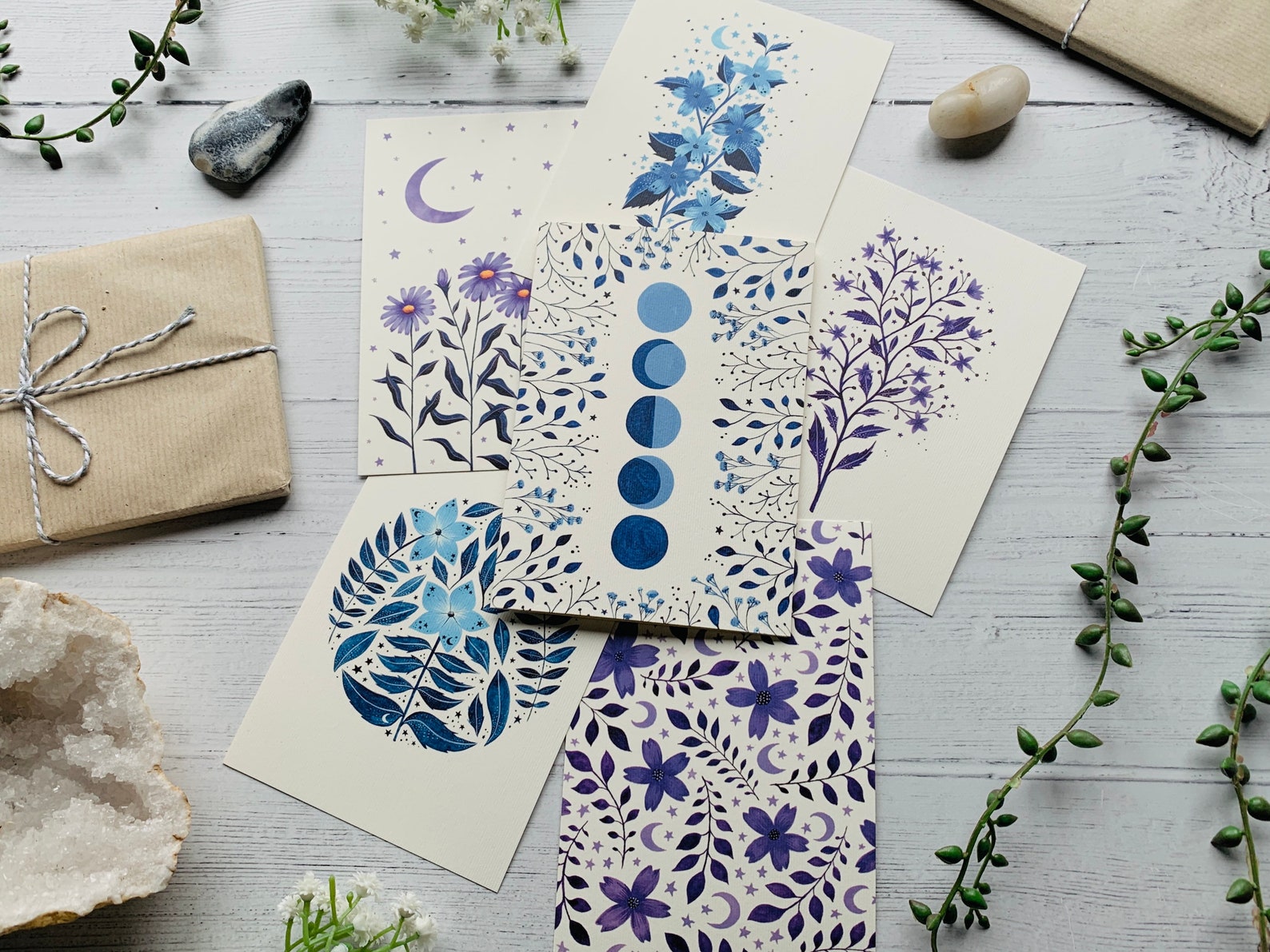 Cosmic Greeting Cards Pack of 6 Moon & Stars Floral | Etsy