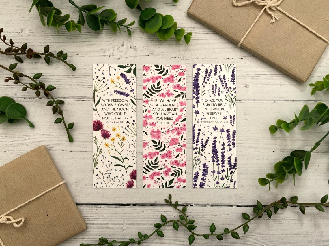 Gift Set of 3 Bookmarks Illustrated Floral Literary Quote | Etsy