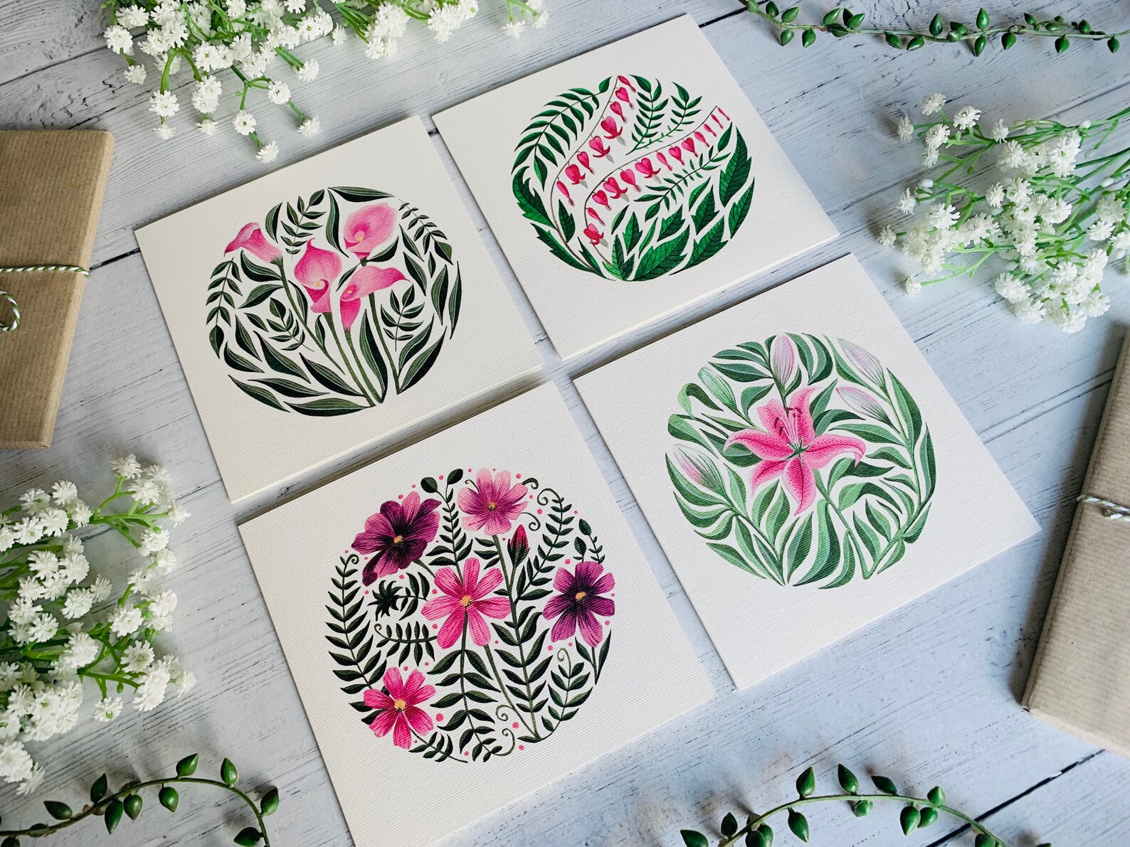 Pink Floral Greeting Card Set of 4 Art Cards Multipack - Etsy