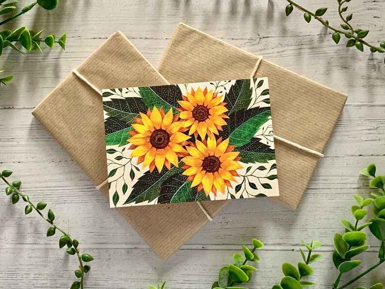 Sunflowers Postcard Garden Flower Card Nature Illustrated | Etsy