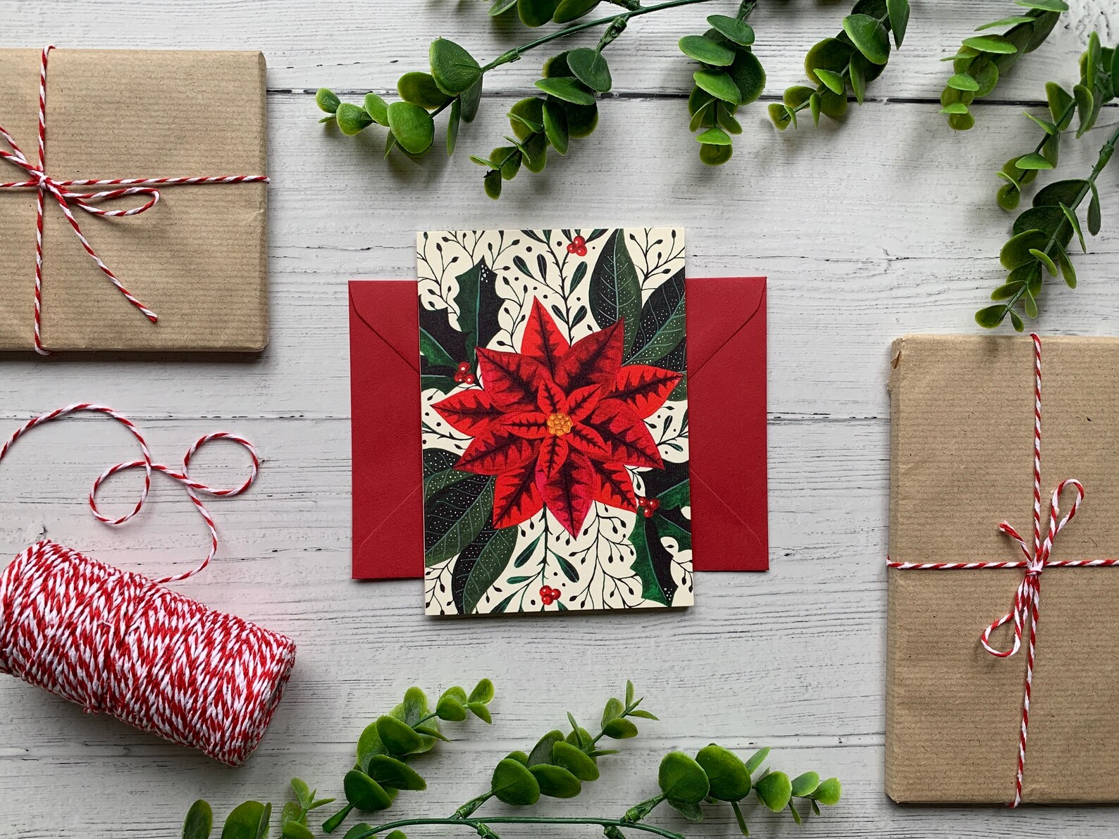 Poinsettia Holly Mistletoe Christmas Card Botanical Xmas | Etsy