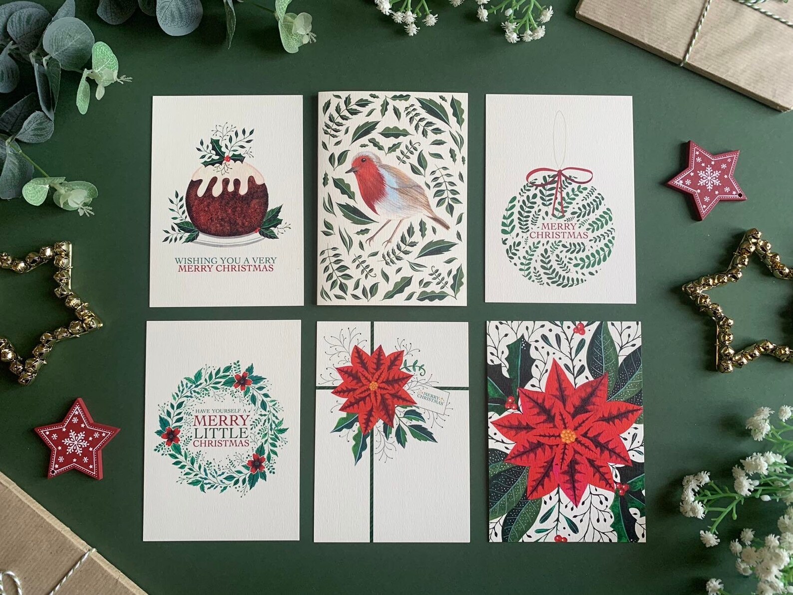 Botanical Christmas Cards Pack of 6 - Festive Xmas Foliage Illustration ...
