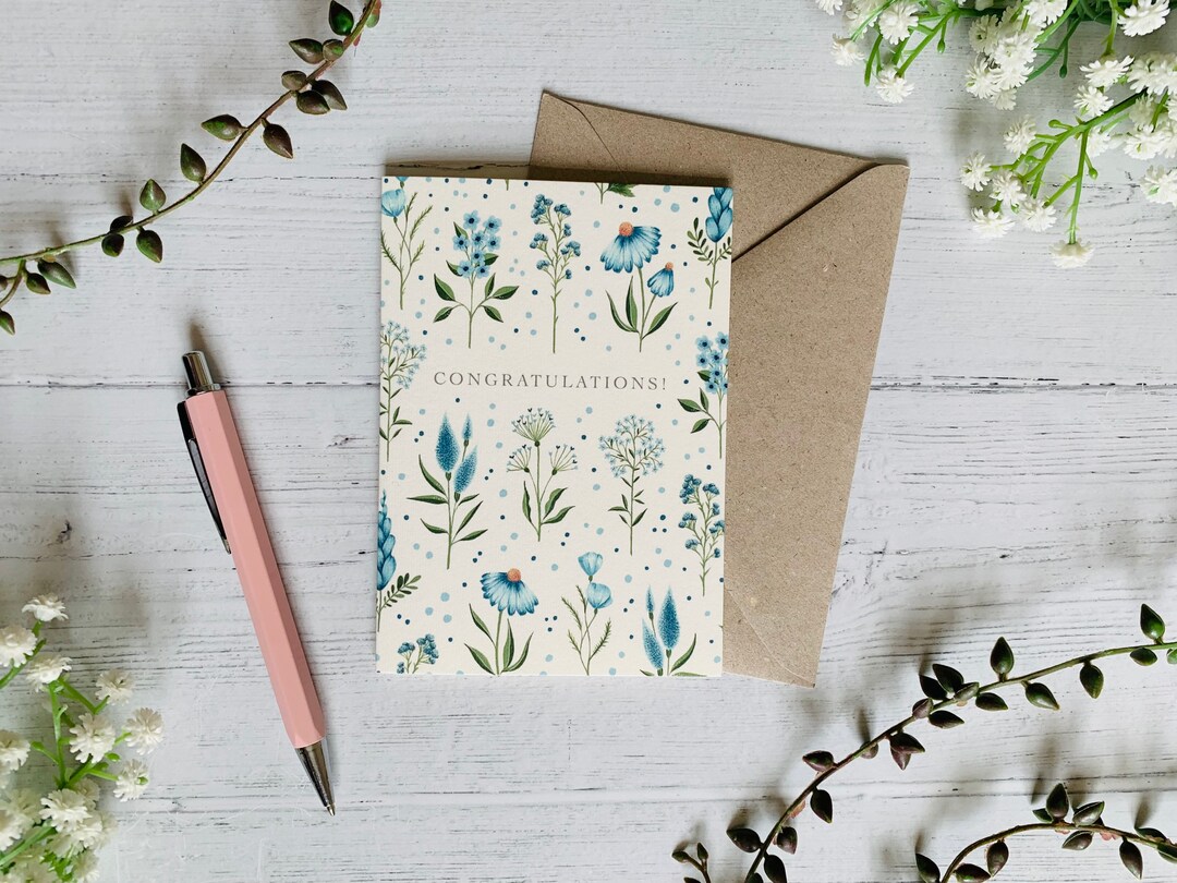 Floral Congratulations Greeting Card - Blue Flowers Watercolour ...