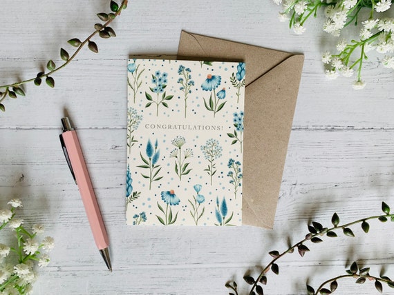 Floral Congratulations Greeting Card Blue Flowers | Etsy