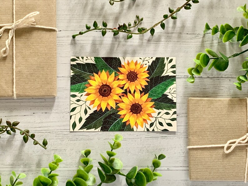 Sunflowers Postcard Garden Flower Card Nature Illustrated | Etsy