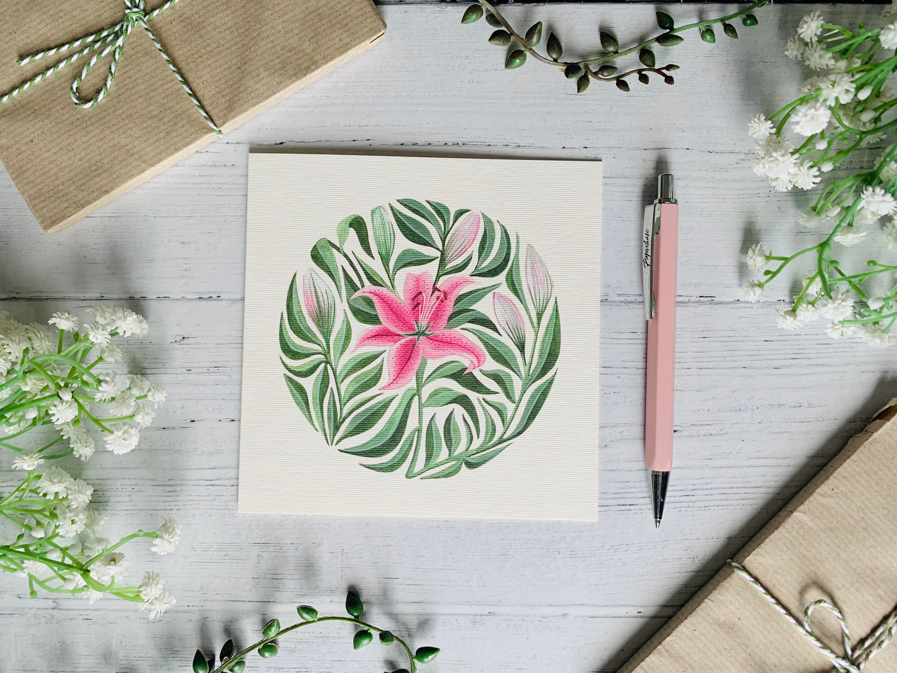 Lily Greeting Card Pink Lilies Floral Illustrated - Etsy