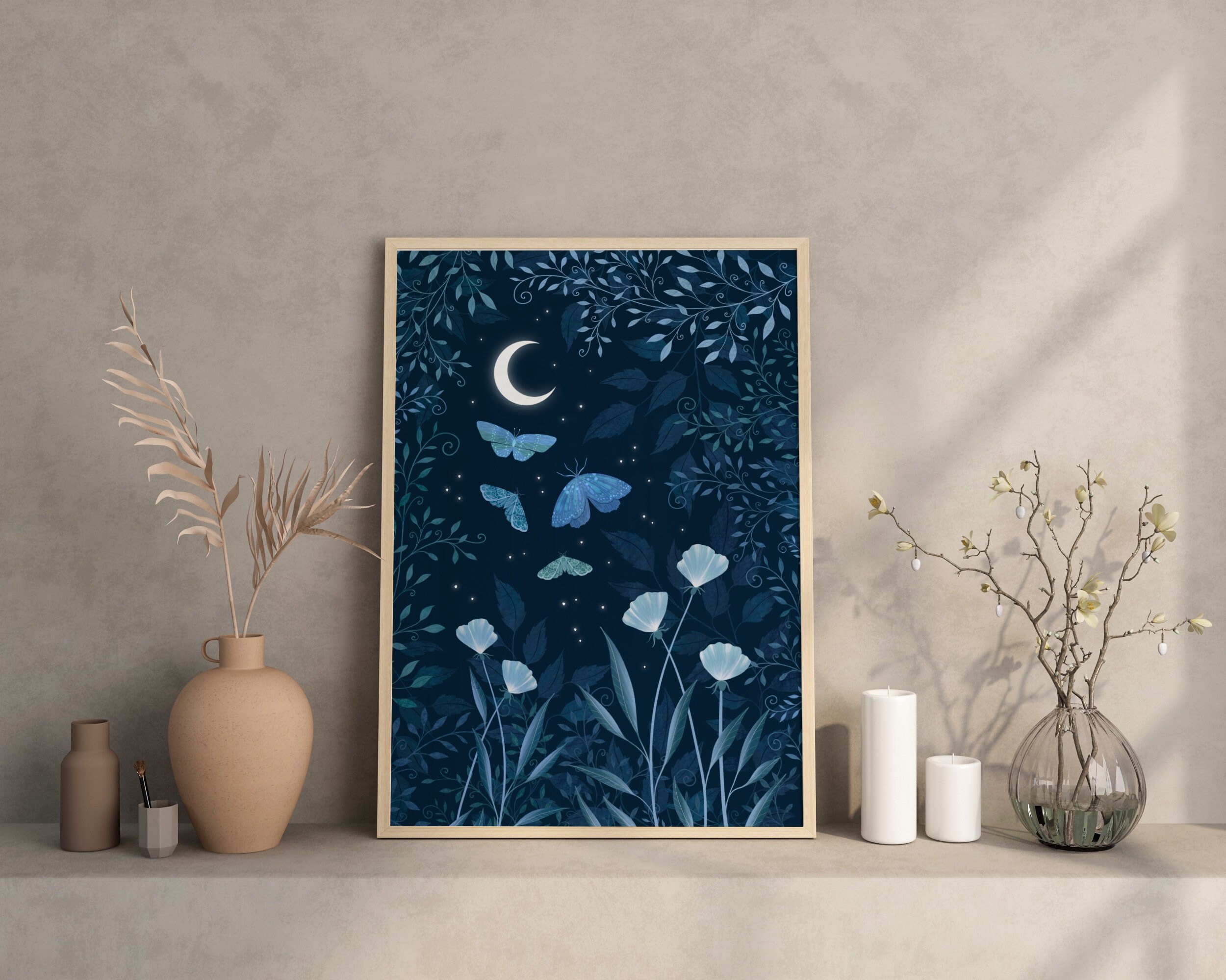 Moon and Moths Art Print Magical Starry Night Poster Dark - Etsy