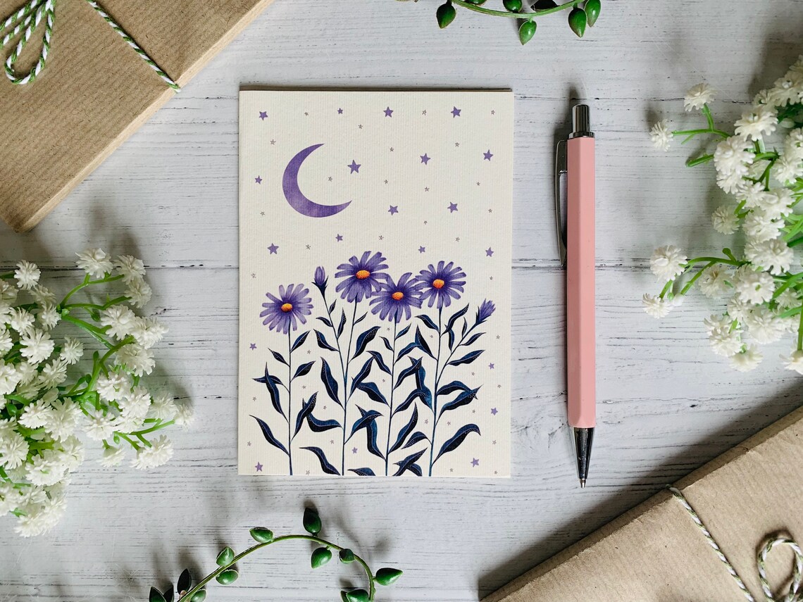Cosmic Greeting Cards Pack of 6 - Moon & Stars Floral Illustration Art ...