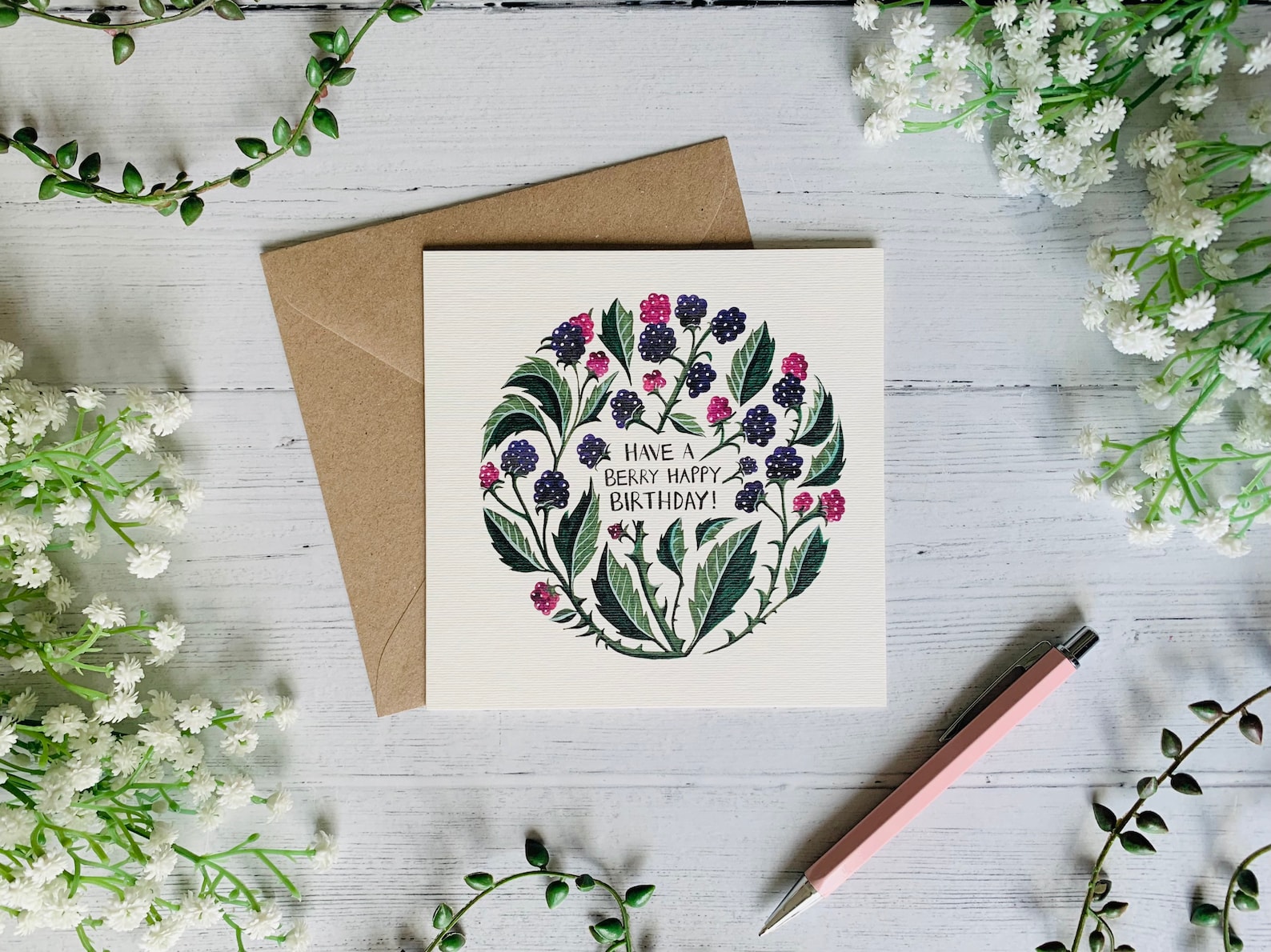 Birthday Greeting Card - Berry Happy Birthday Illustrated - Watercolour ...