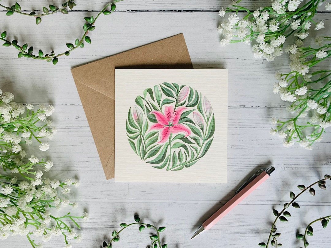 Lily Greeting Card - Pink Lilies Floral Illustrated - Watercolour ...