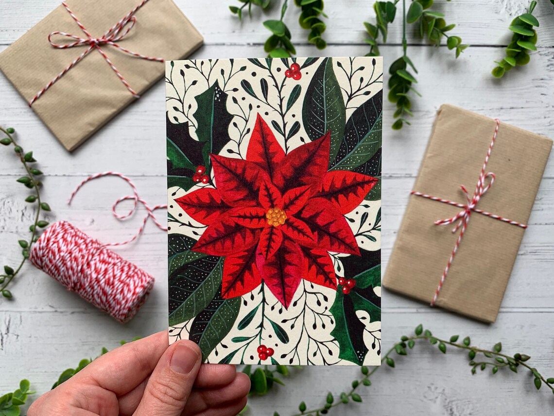 Poinsettia Holly Mistletoe Christmas Card Botanical Xmas | Etsy