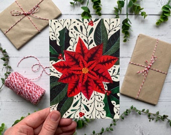 Poinsettia Holly Mistletoe Christmas Card Botanical Xmas - Etsy