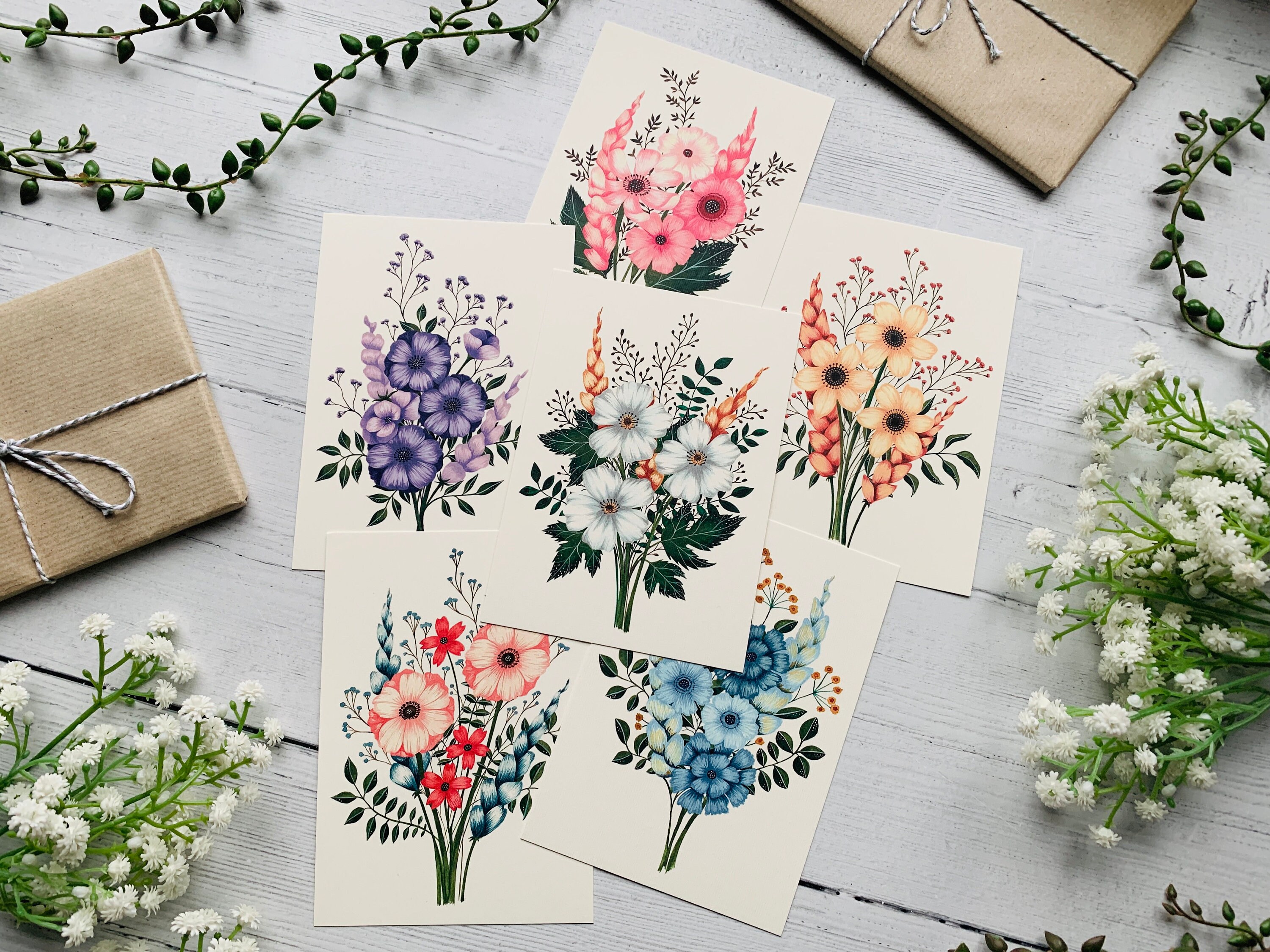 Spring Floral Bouquets Set of 6 Postcards Pastel Flowers | Etsy