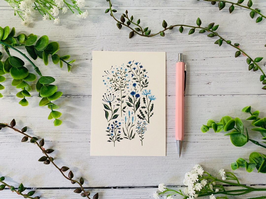 Blue Wildflower Meadow Postcard - Tiny Flowers - Nature Illustrated - Watercolour Floral Leaves ...