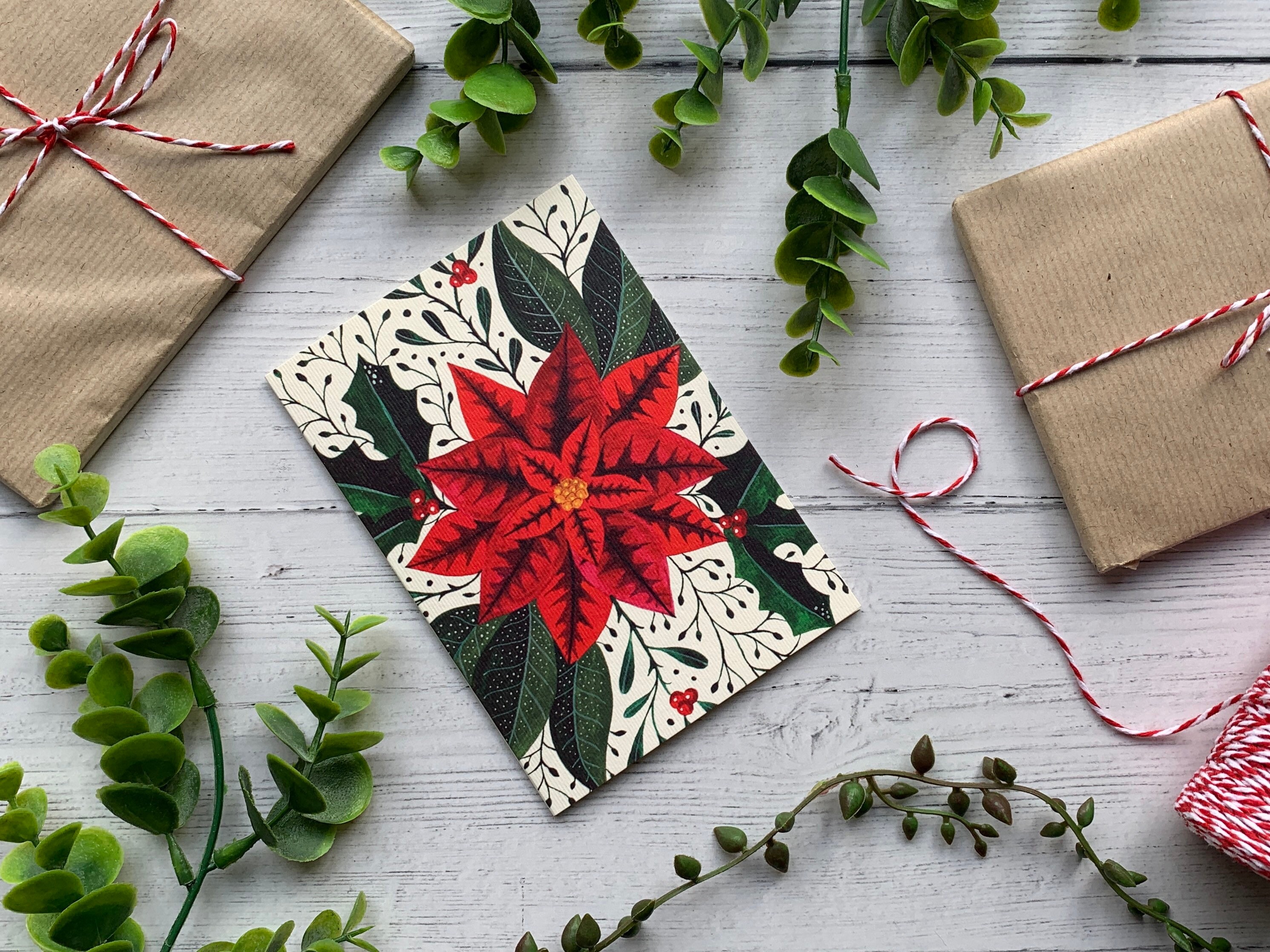 Poinsettia Holly Mistletoe Christmas Card Botanical Xmas - Etsy