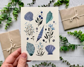 Coastal Shells Art Postcard Seashells and Wildflowers | Etsy