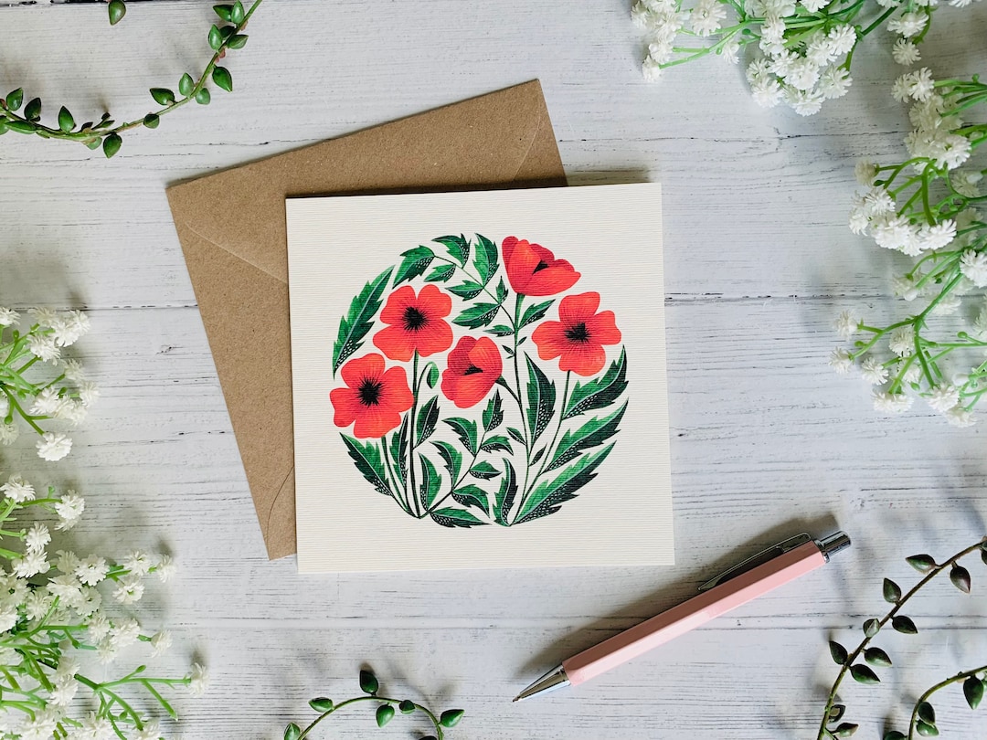 Poppy Greeting Card - Floral Poppies - Watercolour Illustrated Art Card ...
