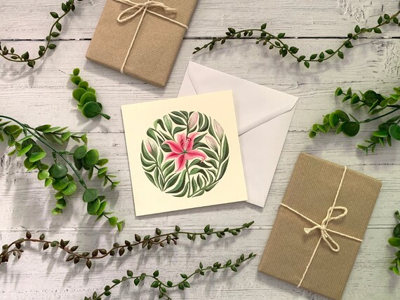 Lily Greeting Card Pink Lilies Floral Illustrated | Etsy