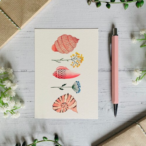 Coastal Shells Art Postcard Seashells and Wildflowers - Etsy