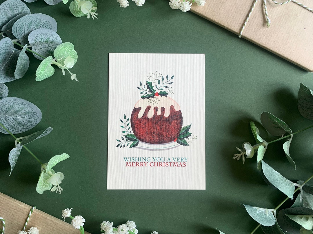 Christmas Pudding Postcard - Festive Holiday Card - Botanical Xmas ...