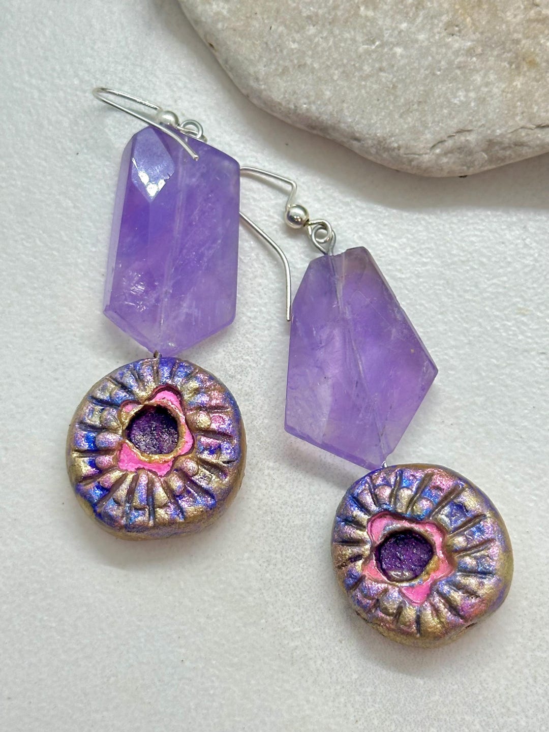 Lavender Amethyst Stone and Polymer Clay Earrings - Etsy