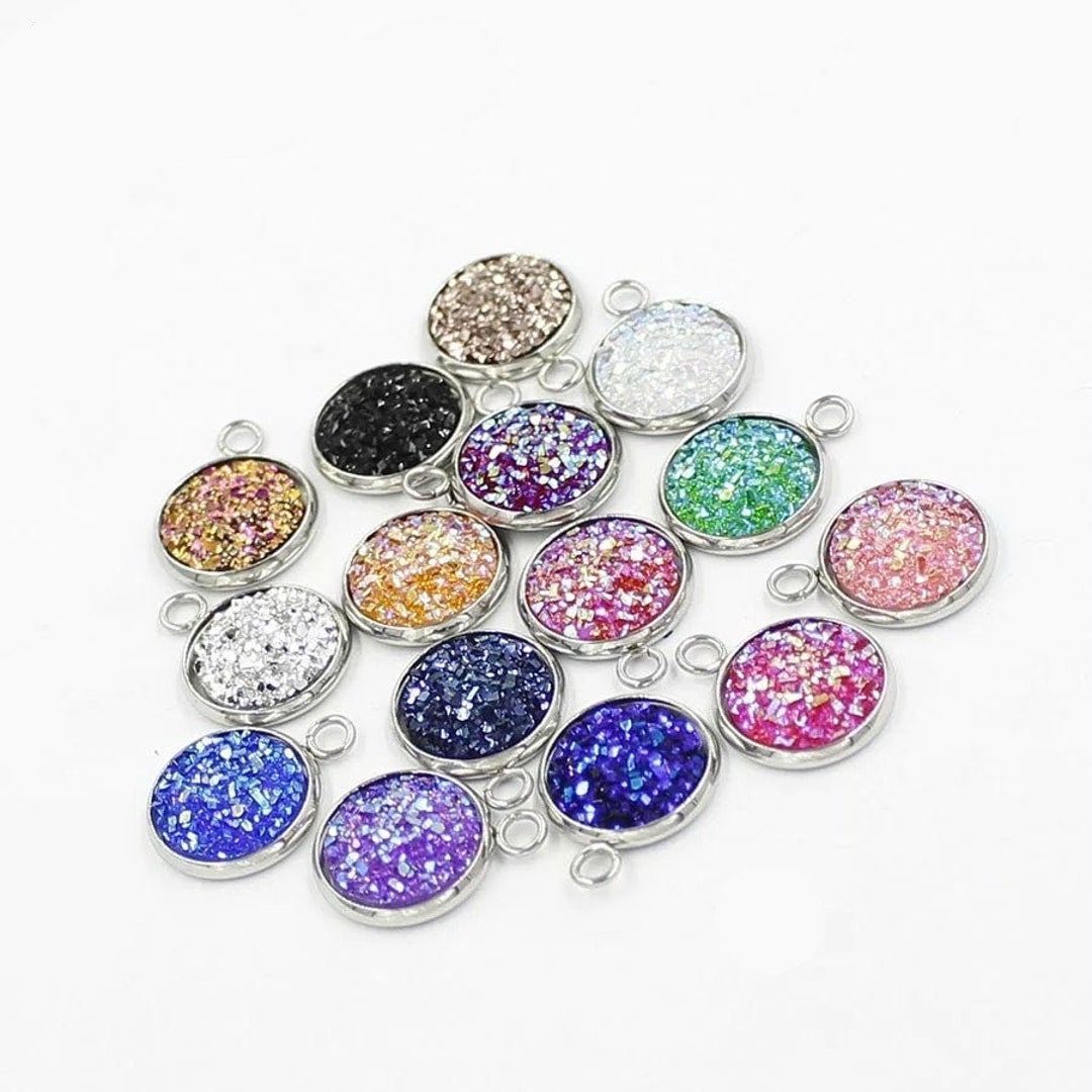 10 Druzy Bezel Charms - 12mm Silver Pendant With Faux Druzy - 18 Colors ...