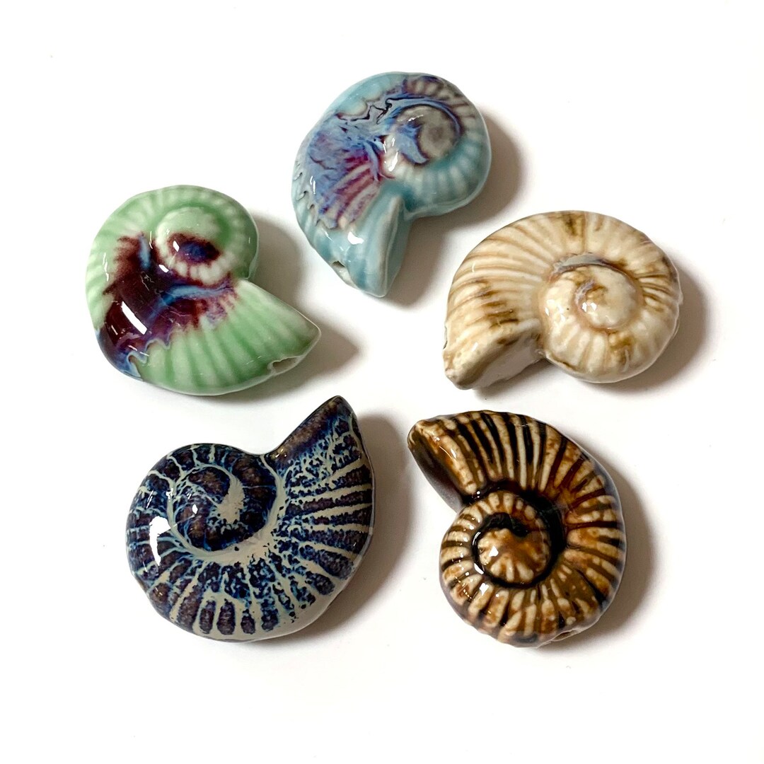 Set of 2 Lg Porcelain Shell Beads - Large 40mm X 30mm, Glazed, Nautilus ...
