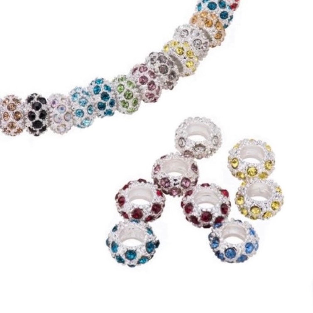 10 Rhinestone Beads - Random Mix - Silver Beads With Colorful ...