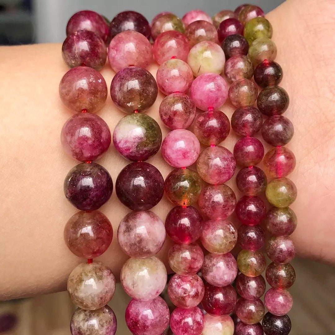Watermelon Tourmaline Beads - Natural Stone Round Beads - 15" Strand ...