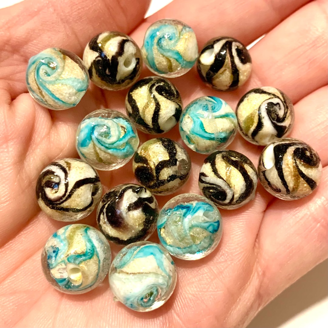 4pcs 12mm Lampwork Glass Beads - 12mm Swirls w / Gold Powder Glass ...