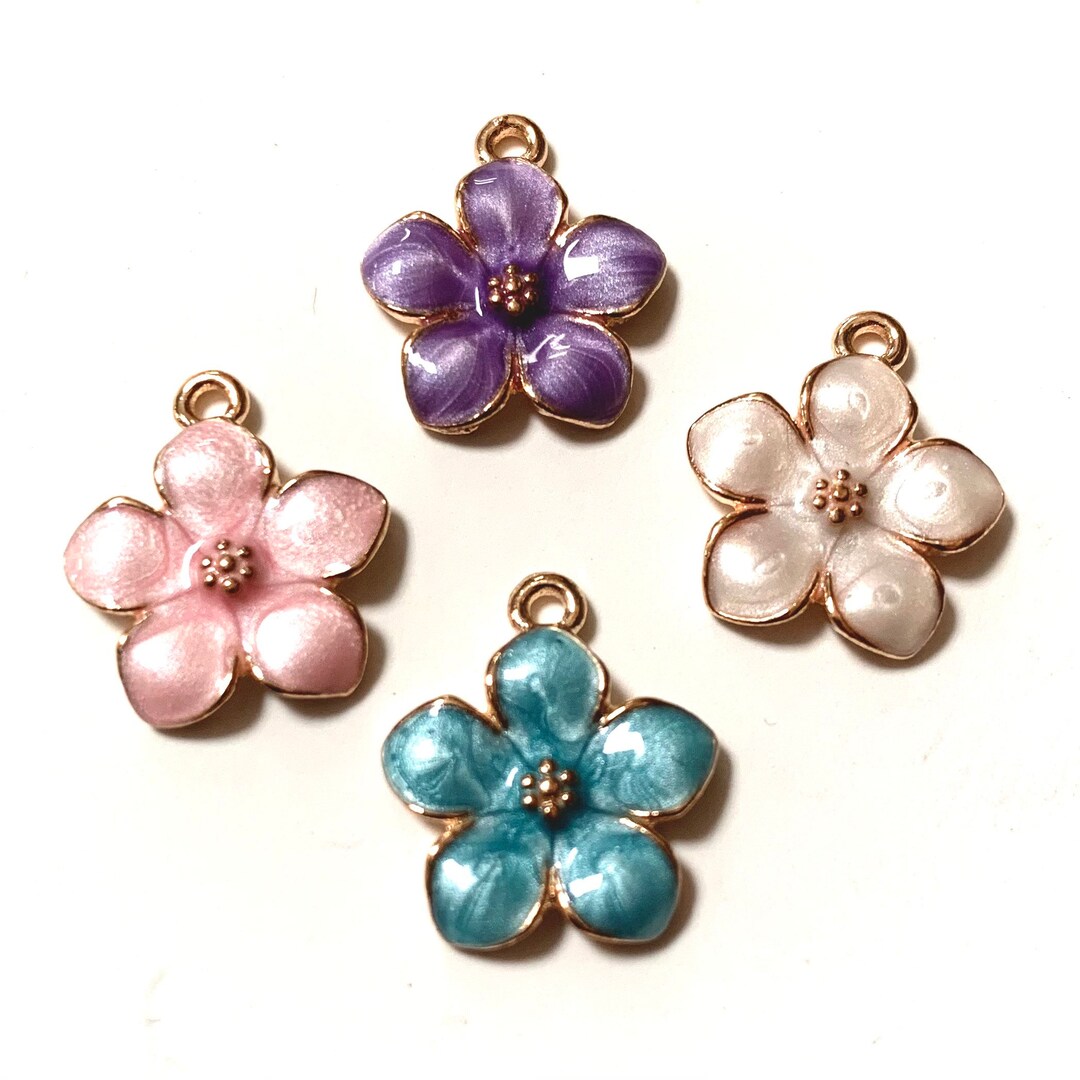5 Oil Drop Flower Enamel Charms - Gold Finish - Blue/pink/purple/pearl ...
