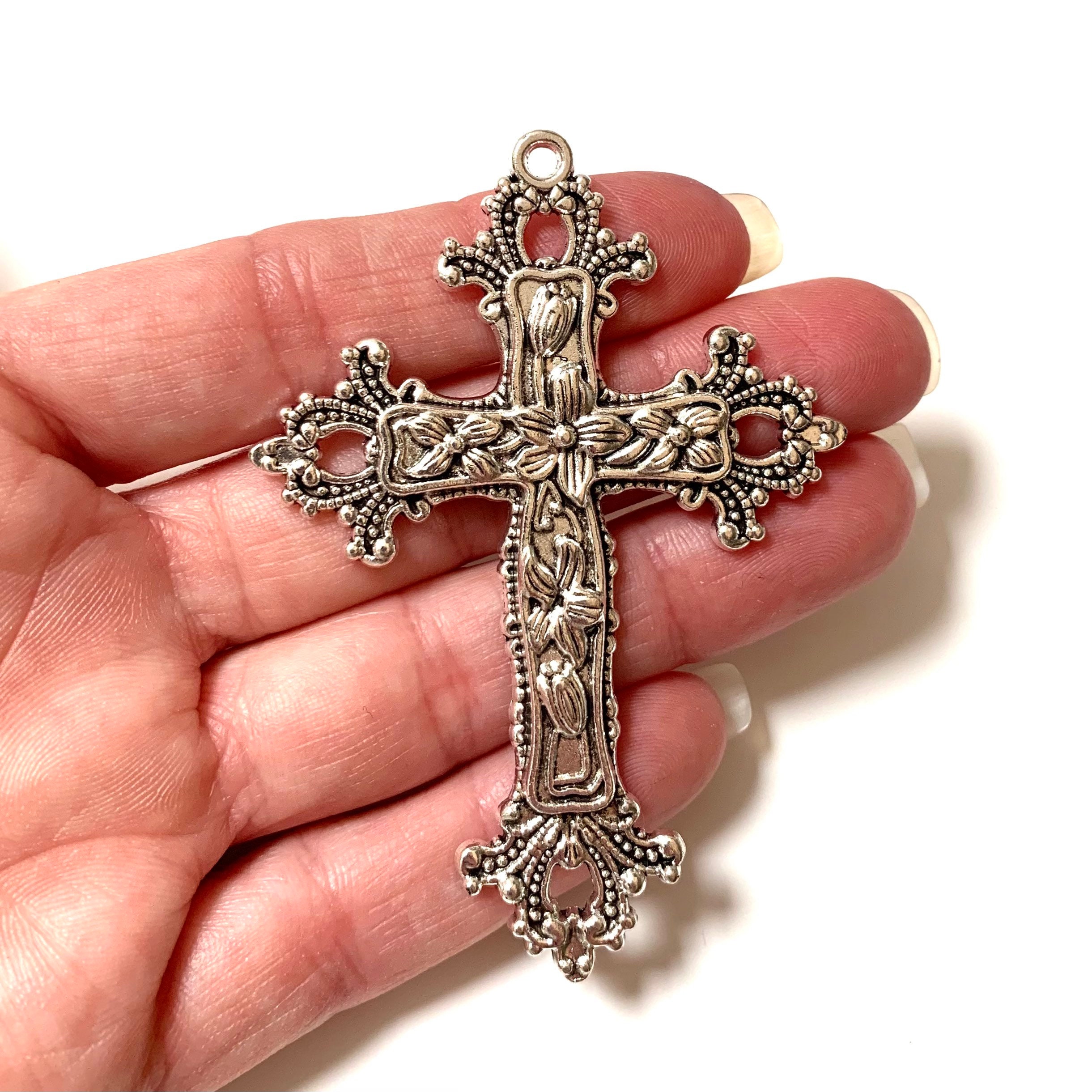 XL Cross Pendant Antique Silver Cross Flower Cross - Etsy