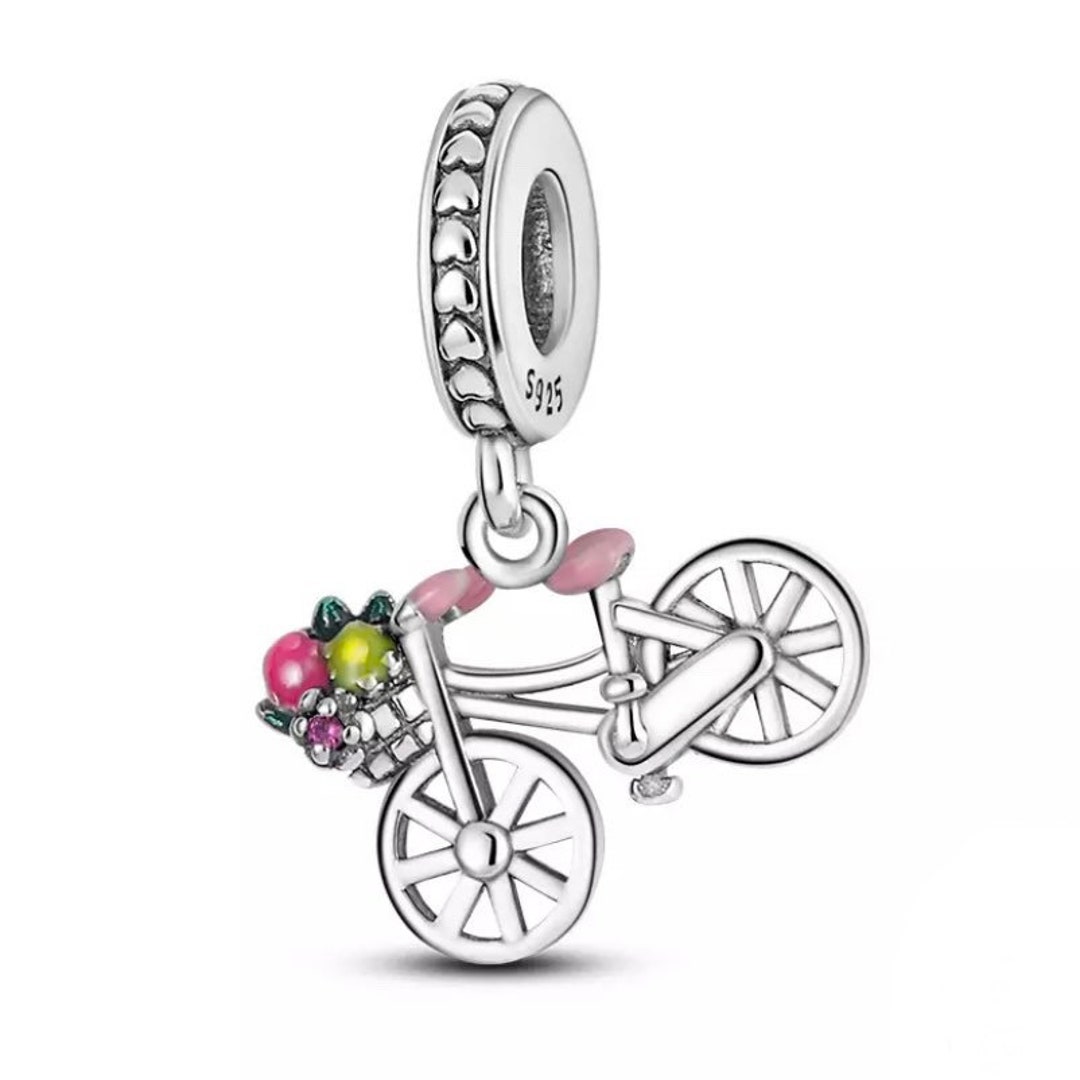 925 Sterling Silver Bicycle & Flowers Charm Fits Pandora Charm ...