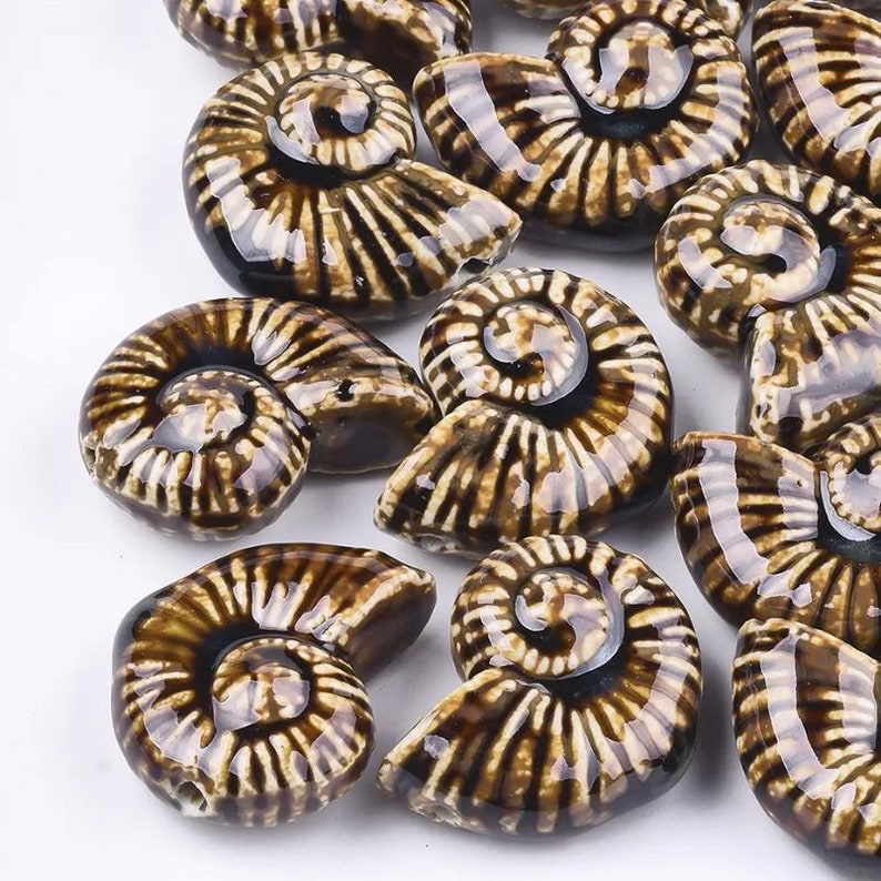 Set of 2 Lg Porcelain Shell Beads - Large 40mm X 30mm, Glazed, Nautilus ...