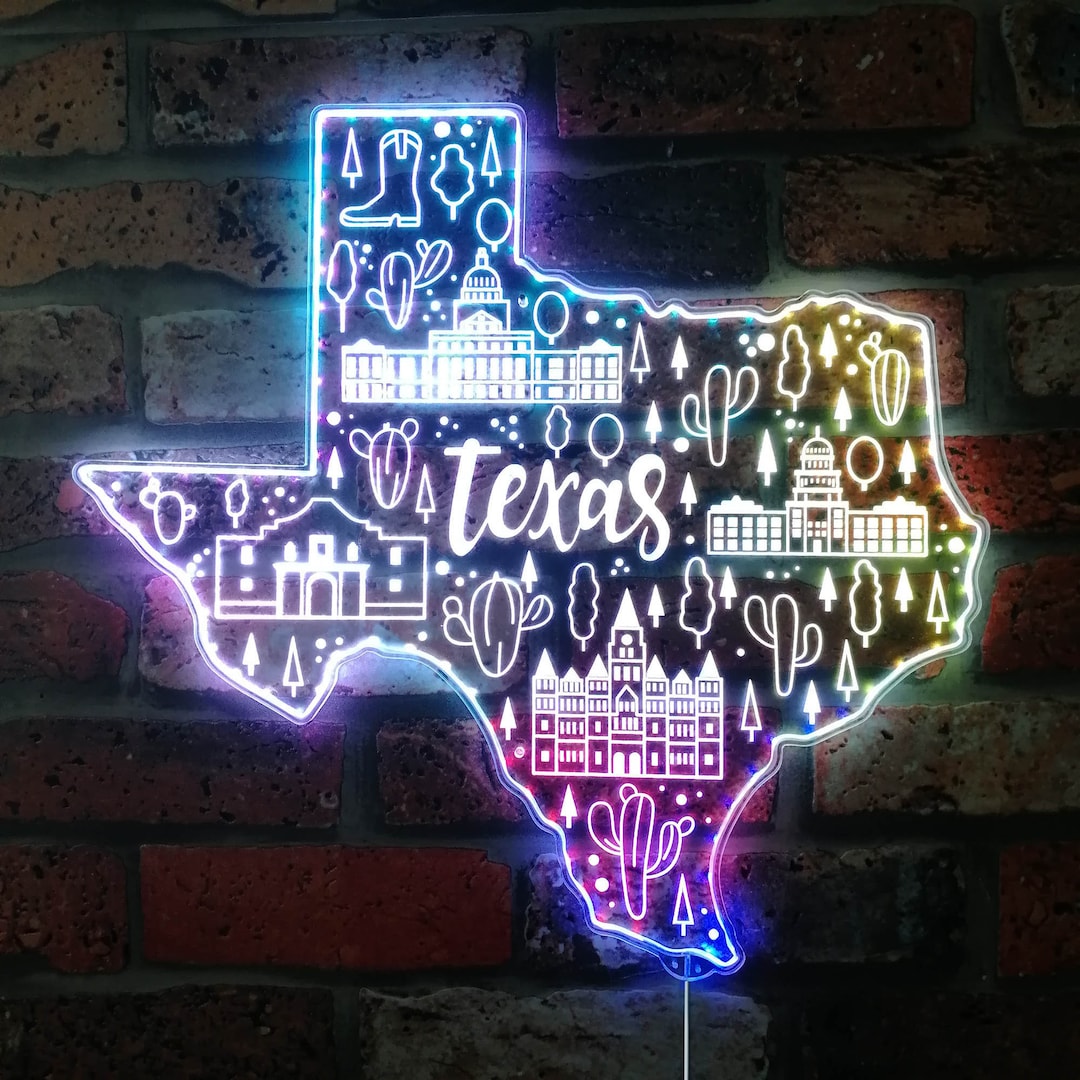 Texas Map With Landmarks RGB Dynamic Glam LED Sign Cut-to-edge Shape ...
