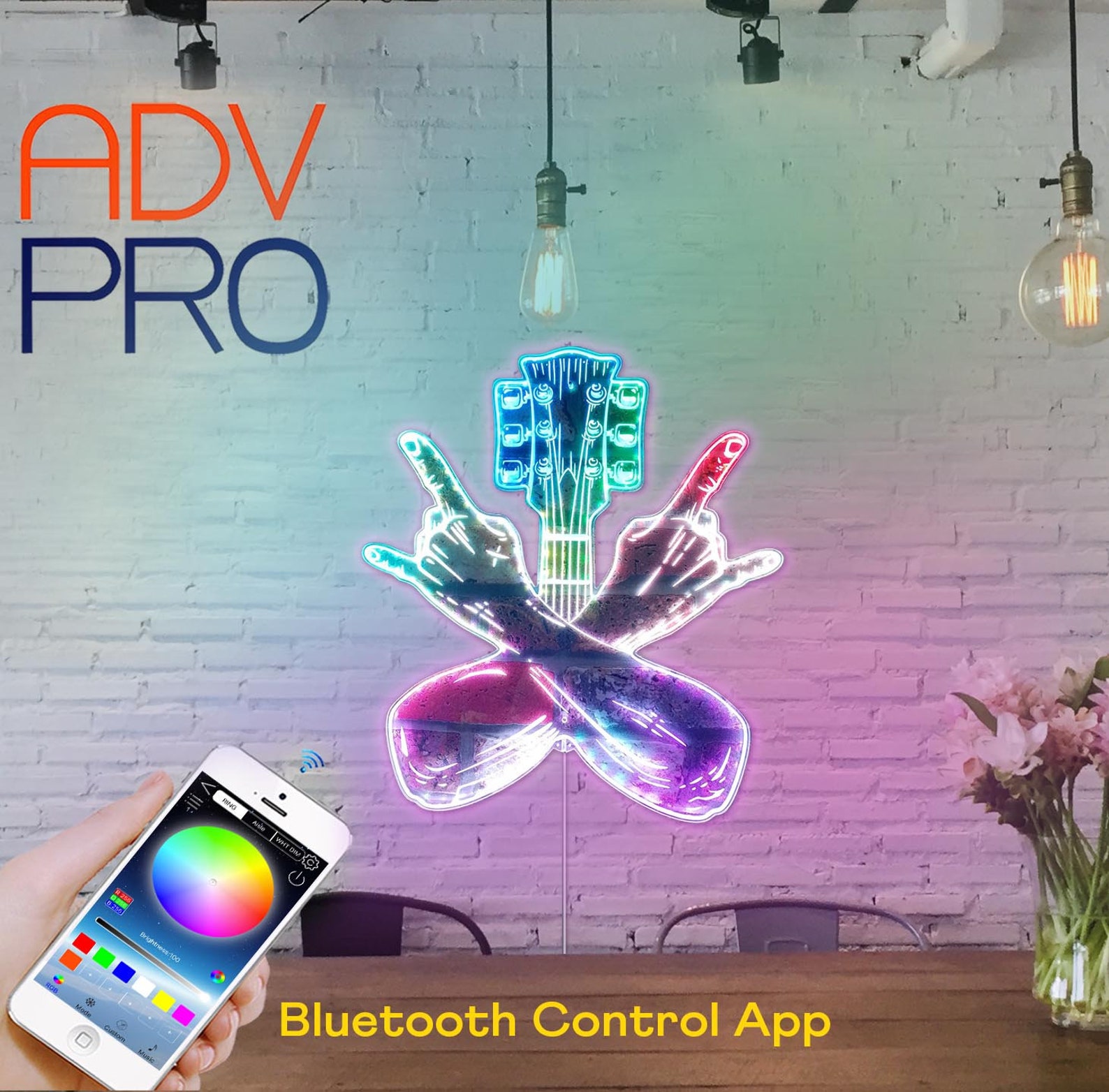 Guitar Rock N Roll Hand Rock Pop RGB Dynamic Glam LED Sign - Cut-to ...
