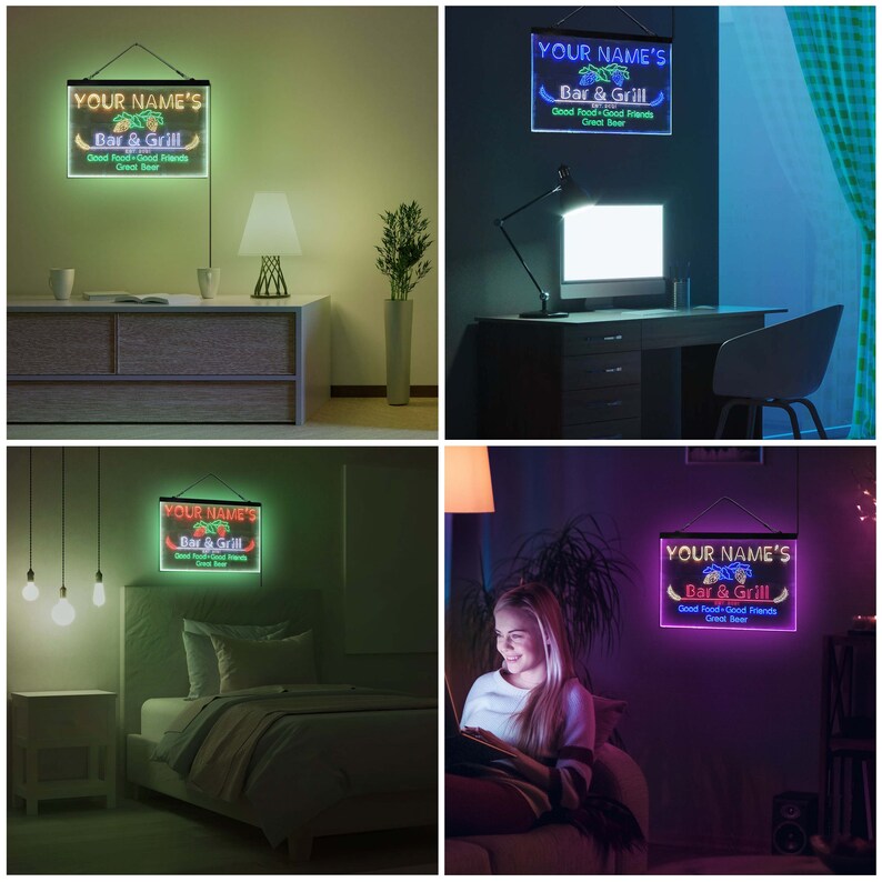Personalized Grill Kitchen Beer Home Bar Tri-color LED Neon Light Sign ...