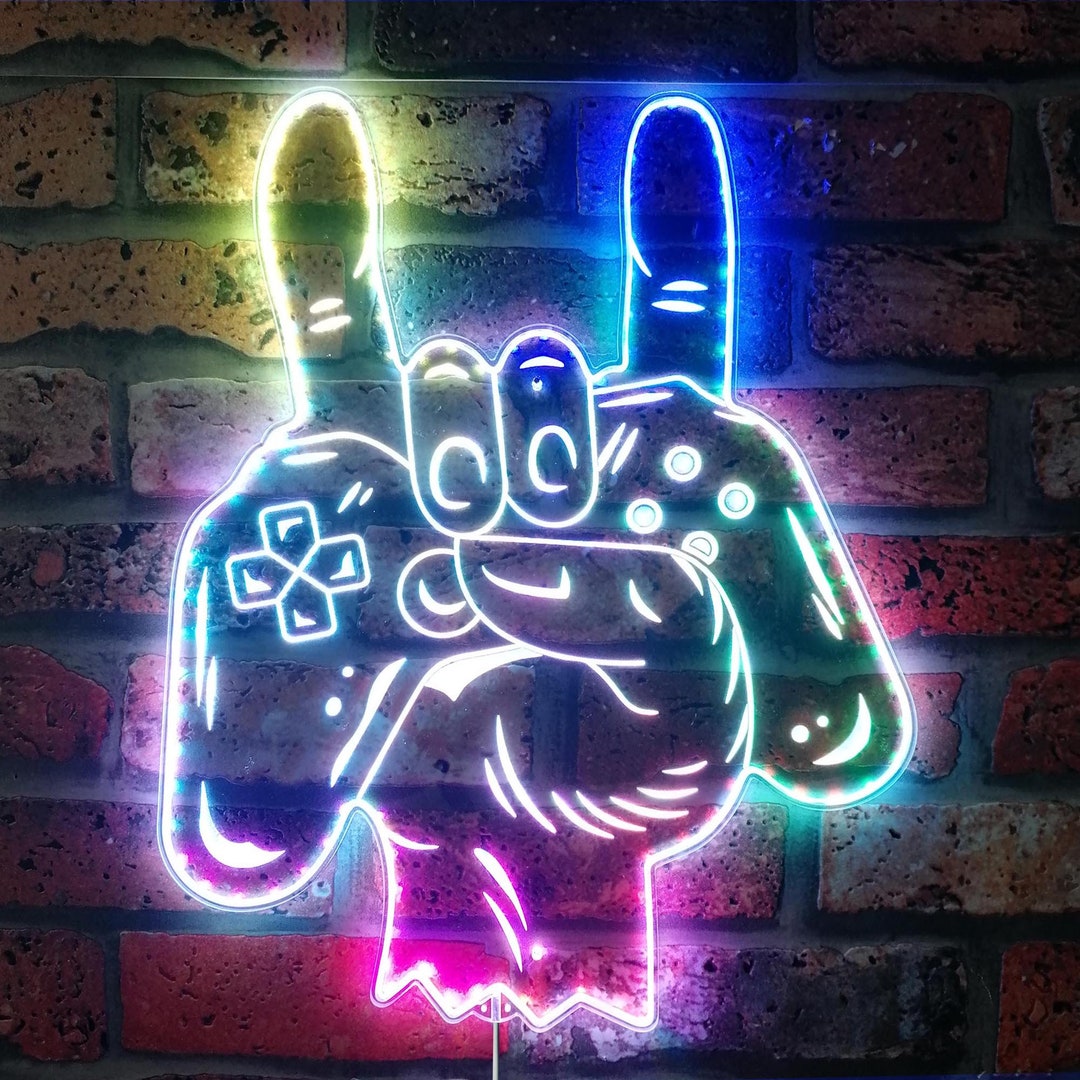 Game Room Gamepad Console Rock N Roll Hand RGB Dynamic Glam LED Sign ...