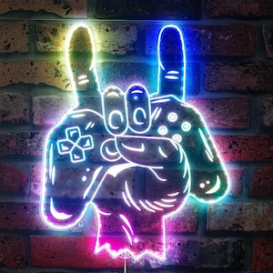 Game Room Gamepad Console Rock N Roll Hand RGB Dynamic Glam LED Sign ...