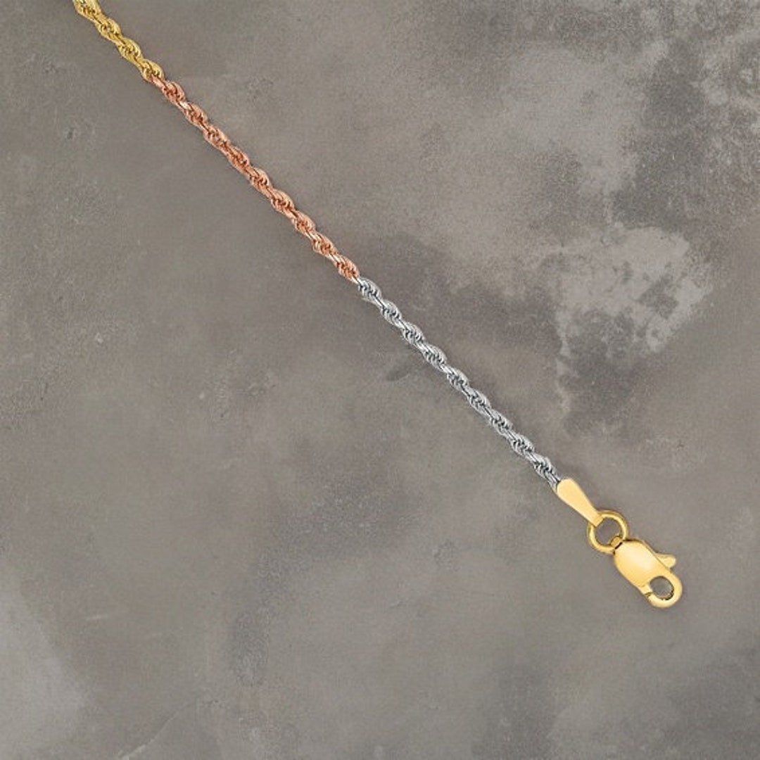 14k Tri Color Gold Diamond Cut Rope Chain Anklet 1.5mm Solid Yellow ...