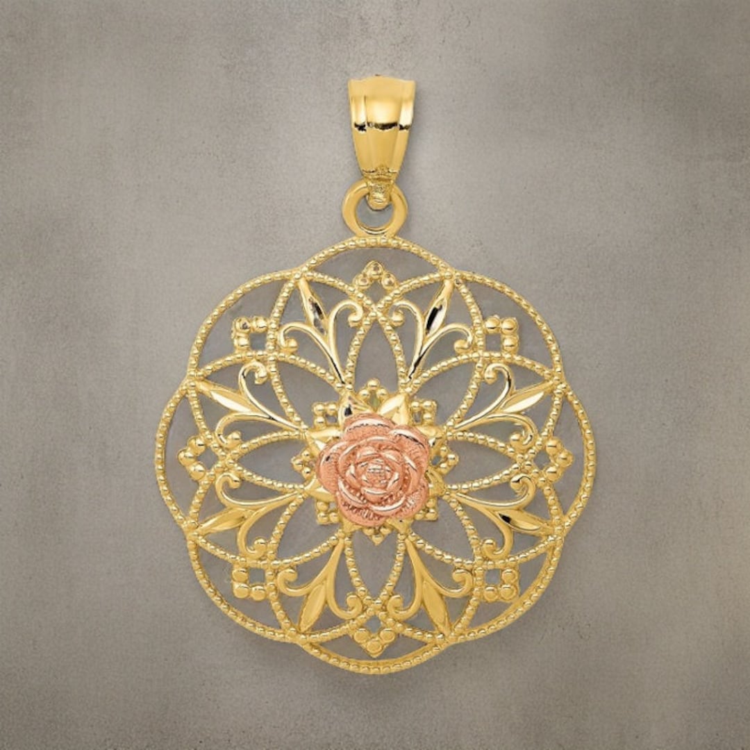 Elegant 14k Yellow and Rose Polished Rose Round Filigree Charm Fine ...