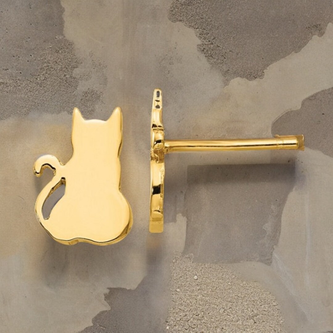 14k Yellow Gold Cat Earrings 10mm X 7mm / Gift Box Included / Made in ...