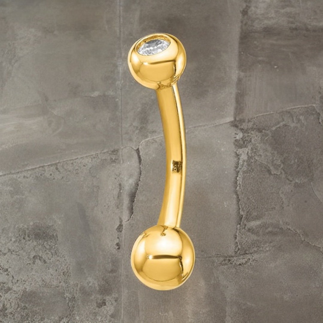 Solid 14k Yellow Gold 14 Gauge Polished CZ Belly Ring / 14k Belly ...