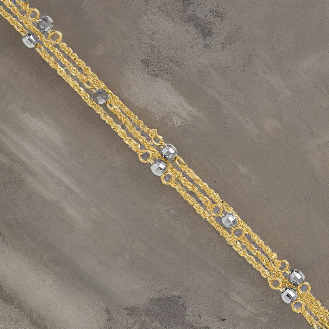 14k Two Tone Gold Triple Strand Anklet 10 or 9 Inches W/ 1 Inch Ext ...